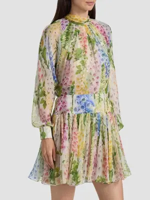 Oscar De La Renta Sheer Foxgloves Silk Chiffon Long-sleeve Minidress