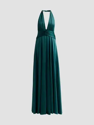 Ramy Brook Jasmine Backless Plunging Halter Gown - Deep Emerald