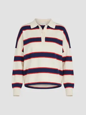 SEROYA Taby Striped Ribbed Polo Sweater - Eggshell Stripe