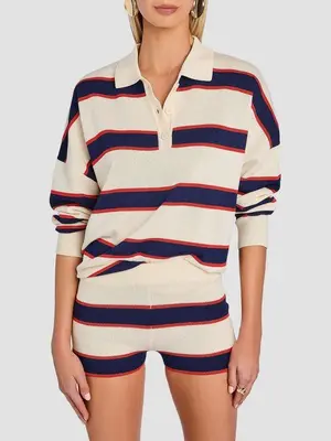 SEROYA Taby Striped Ribbed Polo Sweater - Eggshell Stripe