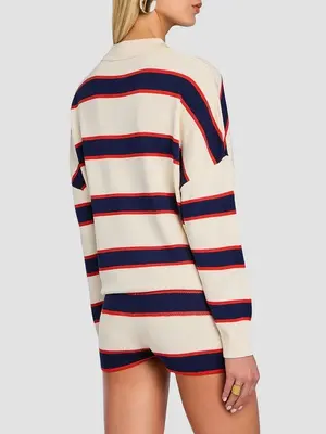 SEROYA Taby Striped Ribbed Polo Sweater - Eggshell Stripe