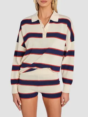 SEROYA Taby Striped Ribbed Polo Sweater - Eggshell Stripe