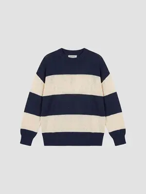 SEROYA Cassian Striped Linen-cotton Blend Sweater - Navy Eggshell