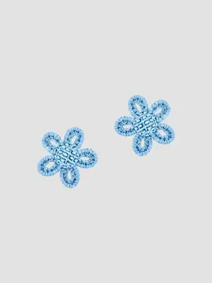 Oscar De La Renta Small Flower Woven Raffia Stud Earrings - Sky