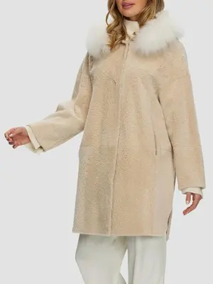 Gorski Reversible New Zealand Shearling Lamb Stroller With Select Mongolian Lamb Hood Trim - Beige