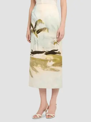 Oscar De La Renta Palm Tree-print Satin Pencil Midi-skirt