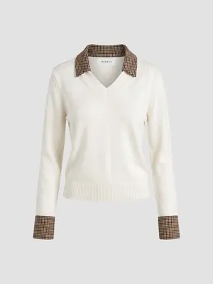 SEROYA Maia Houndstooth Shirt-trim Knit Sweater - Eggshell