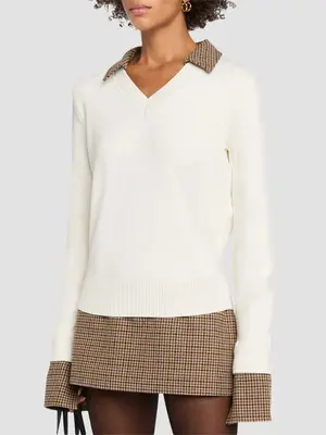 SEROYA Maia Houndstooth Shirt-trim Knit Sweater