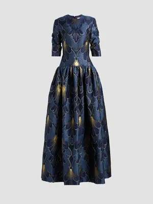 REEM ACRA Lamé Brocade Dropped Waist Gown - Navy