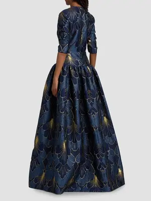 REEM ACRA Lamé Brocade Dropped Waist Gown