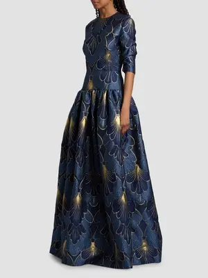 REEM ACRA Lamé Brocade Dropped Waist Gown