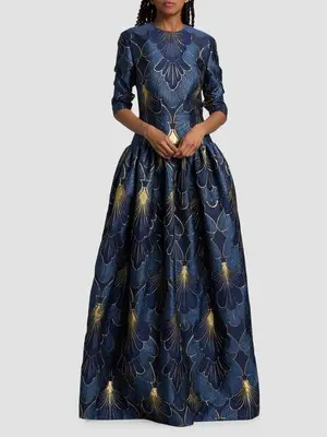 REEM ACRA Lamé Brocade Dropped Waist Gown