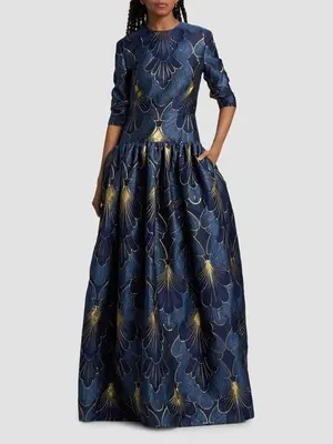 REEM ACRA Lamé Brocade Dropped Waist Gown