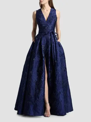 REEM ACRA Metallic Brocade Belted Ballgown