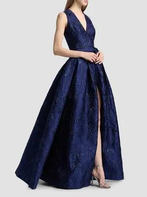 REEM ACRA Metallic Brocade Belted Ballgown