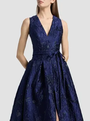 REEM ACRA Metallic Brocade Belted Ballgown