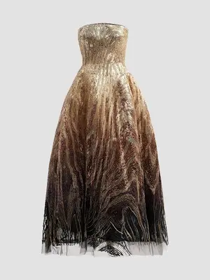 Oscar De La Renta Beaded Sequin Moire Ombre Strapless Gown