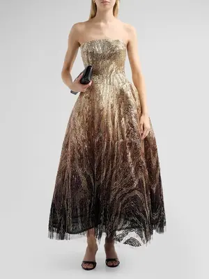 Oscar De La Renta Beaded Sequin Moire Ombre Strapless Gown
