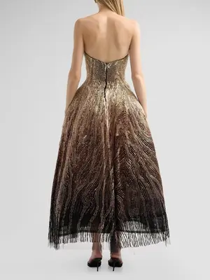 Oscar De La Renta Beaded Sequin Moire Ombre Strapless Gown