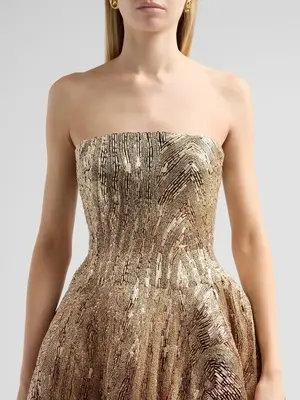 Oscar De La Renta Beaded Sequin Moire Ombre Strapless Gown