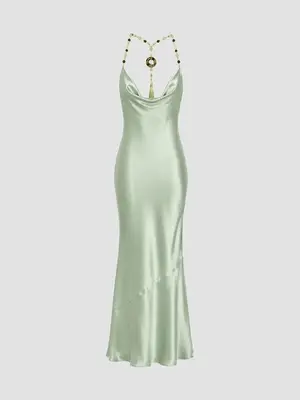 Retrofete Odalis Beaded Halter Satin Maxi Dress - Matcha