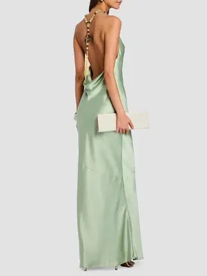 Retrofete Odalis Beaded Halter Satin Maxi Dress - Matcha
