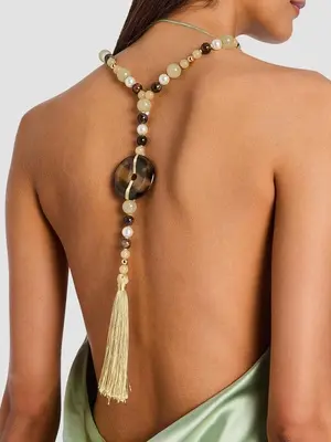 Retrofete Odalis Beaded Halter Satin Maxi Dress - Matcha