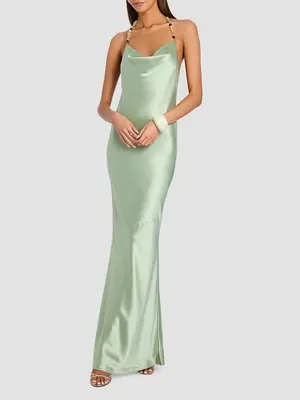 Retrofete Odalis Beaded Halter Satin Maxi Dress - Matcha