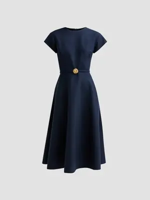Oscar De La Renta Stretch Wool Short Sleeve Midi Dress