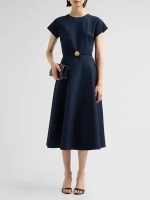Oscar De La Renta Stretch Wool Short Sleeve Midi Dress
