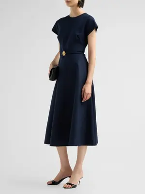 Oscar De La Renta Stretch Wool Short Sleeve Midi Dress