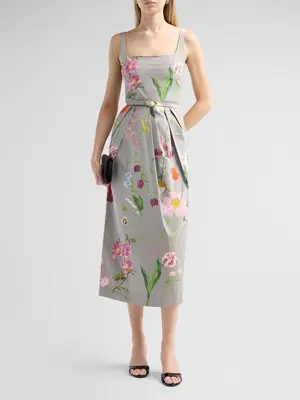 Oscar De La Renta Mixed Botanical Pleated Stretch-cotton Midi Dress