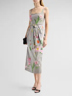 Oscar De La Renta Mixed Botanical Pleated Stretch-cotton Midi Dress