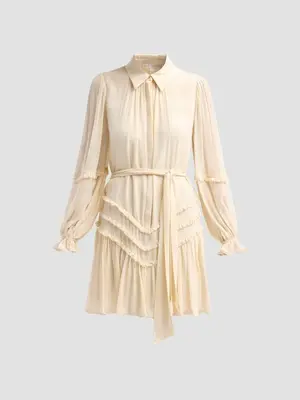 Ramy Brook Maya Ruffled Silk Long-sleeve Belted Mini Shirtdress - Bone
