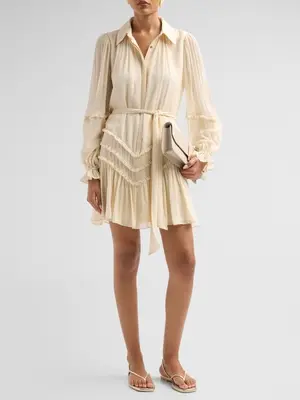Ramy Brook Maya Ruffled Silk Long-sleeve Belted Mini Shirtdress - Bone
