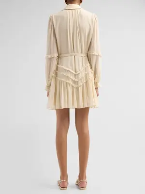 Ramy Brook Maya Ruffled Silk Long-sleeve Belted Mini Shirtdress - Bone