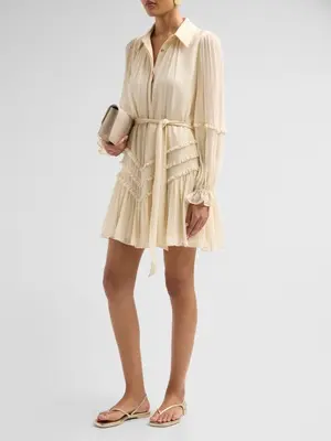 Ramy Brook Maya Ruffled Silk Long-sleeve Belted Mini Shirtdress - Bone