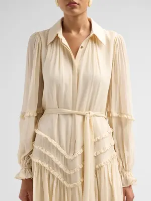 Ramy Brook Maya Ruffled Silk Long-sleeve Belted Mini Shirtdress - Bone