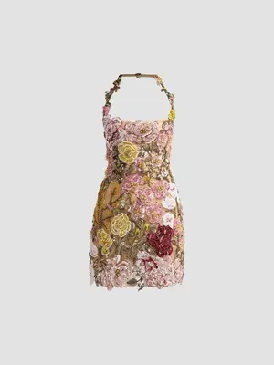 Oscar De La Renta Floral-embroidered Halter Cocktail Dress