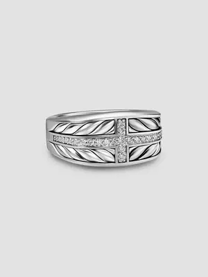 David Yurman Chevron Three Sided Signet Ring In Sterling Silver - Diamond