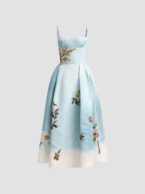 Oscar De La Renta Bustier Painted Beaded Floral Cocktail Dress
