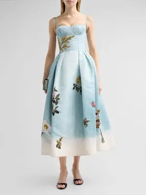 Oscar De La Renta Bustier Painted Beaded Floral Cocktail Dress