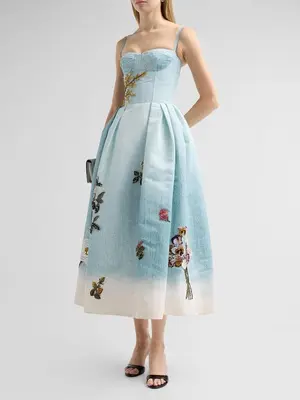 Oscar De La Renta Bustier Painted Beaded Floral Cocktail Dress