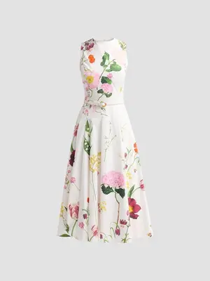 Oscar De La Renta Mixed Botanical Stretch Cotton Sleeveless Day Dress - White Multi