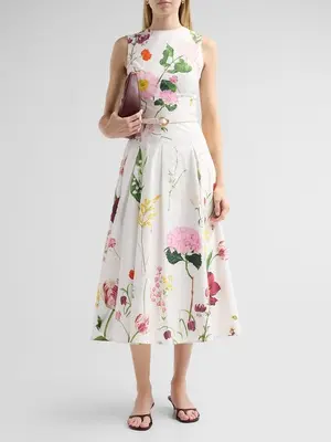 Oscar De La Renta Mixed Botanical Stretch Cotton Sleeveless Day Dress