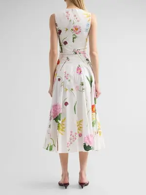 Oscar De La Renta Mixed Botanical Stretch Cotton Sleeveless Day Dress
