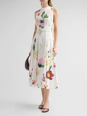 Oscar De La Renta Mixed Botanical Stretch Cotton Sleeveless Day Dress