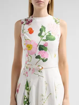 Oscar De La Renta Mixed Botanical Stretch Cotton Sleeveless Day Dress