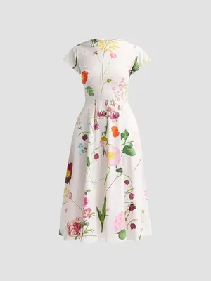 Oscar De La Renta Mixed Botanical Cotton Poplin Midi Dress - White Multi