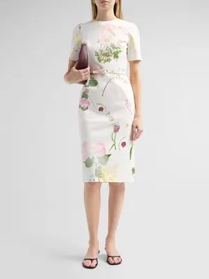 Oscar De La Renta Mixed Botanical Denim Dress